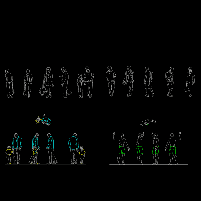 men walking in plan and elevation views, free CAD Blocks - freedwgfile