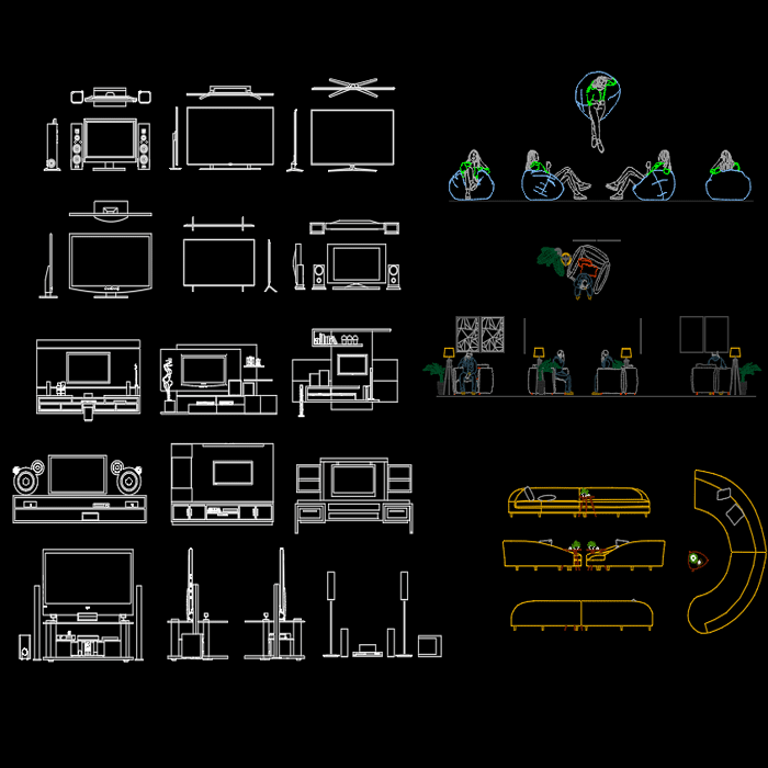 TV DWG, Home theater in plan and elevation - freedwgfile